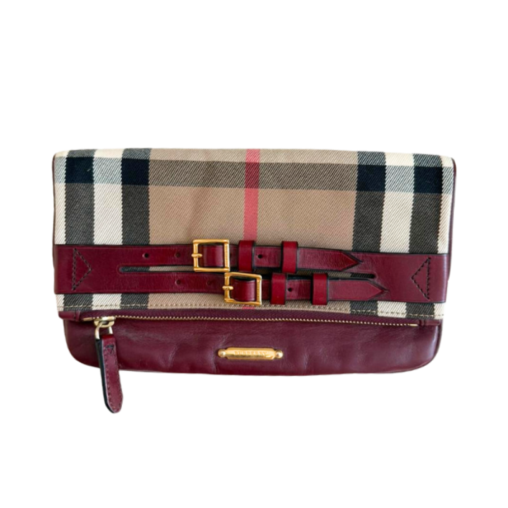 Burberry Burgundy Leather & House Check Adeline Wristlet Clutch | Batra