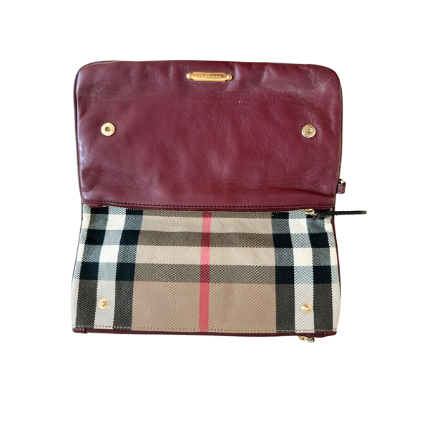 Burberry Burgundy Leather & House Check Adeline Wristlet Clutch | Batra